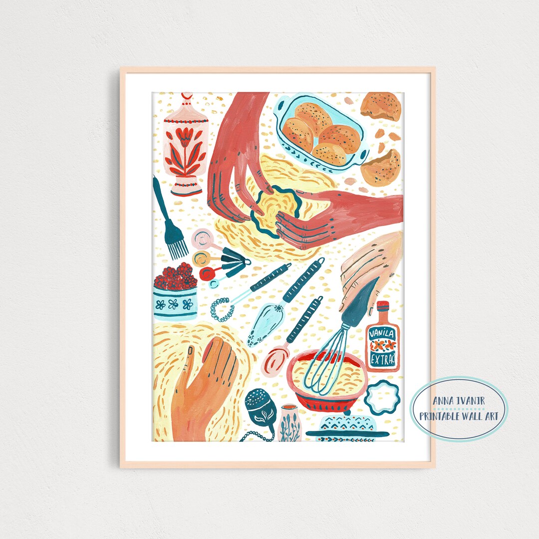 Baking Hands Art Print, Printable Kitchen Wall Decor, Gouache ...
