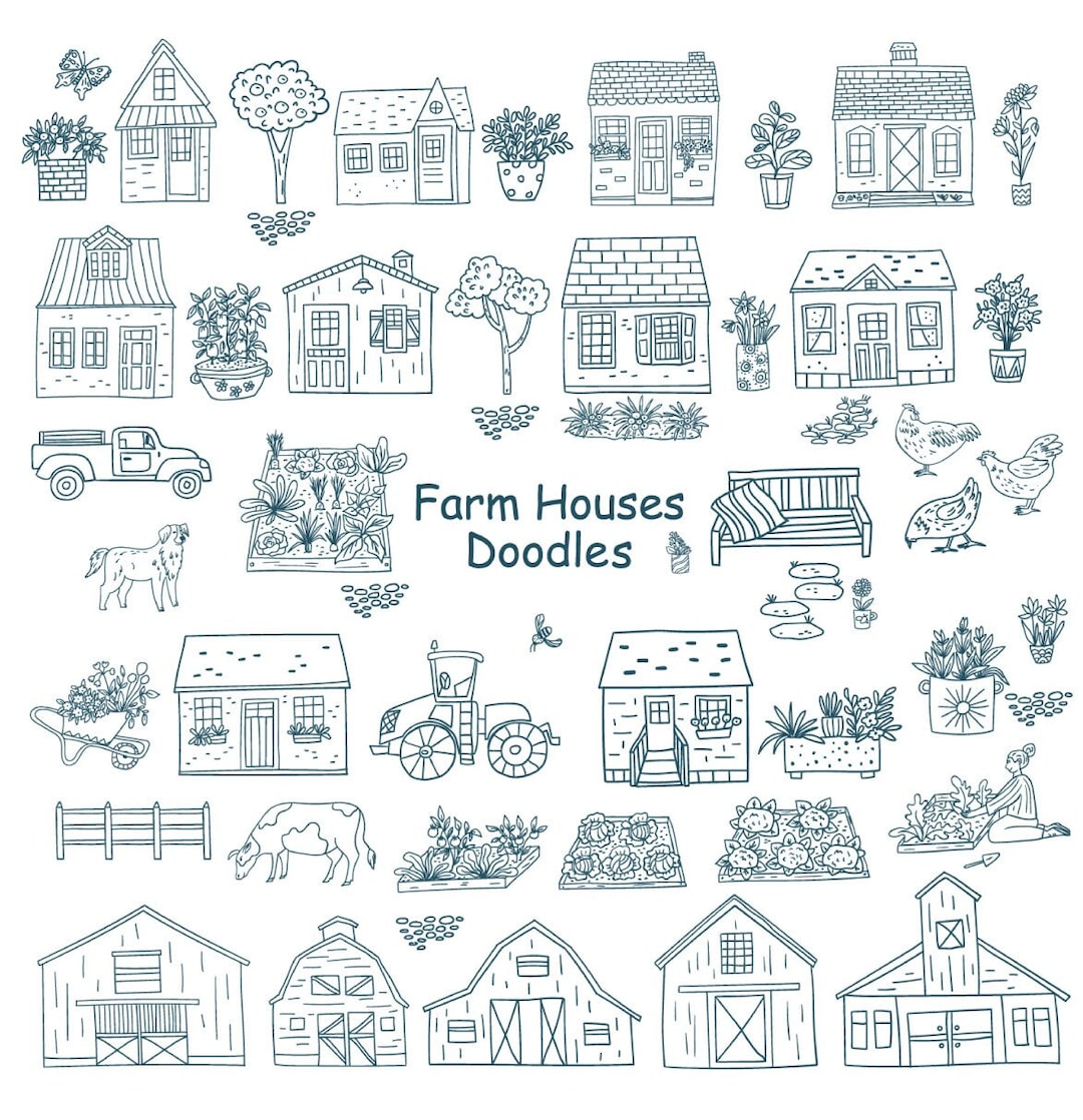 Hand Drawn Doodle Farm Life Set - Doodle Farm Icons Clipart - Hand ...