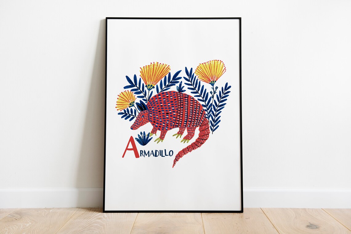 Happy Animal Armadillo Art Print Alphabet A Letter Kids Room | Etsy