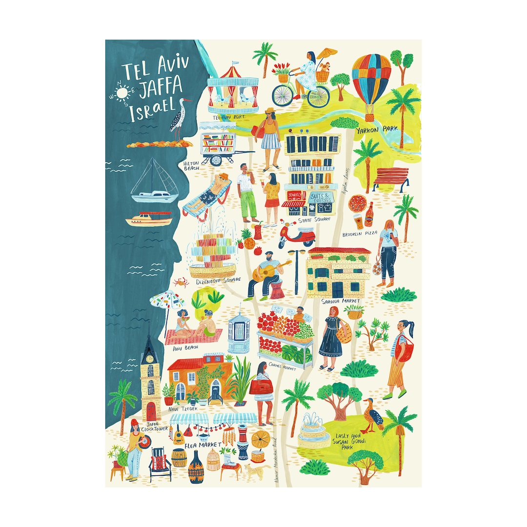 ART PRINT City Map of Tel Aviv Jaffa Art Print, Gouache Illustration ...