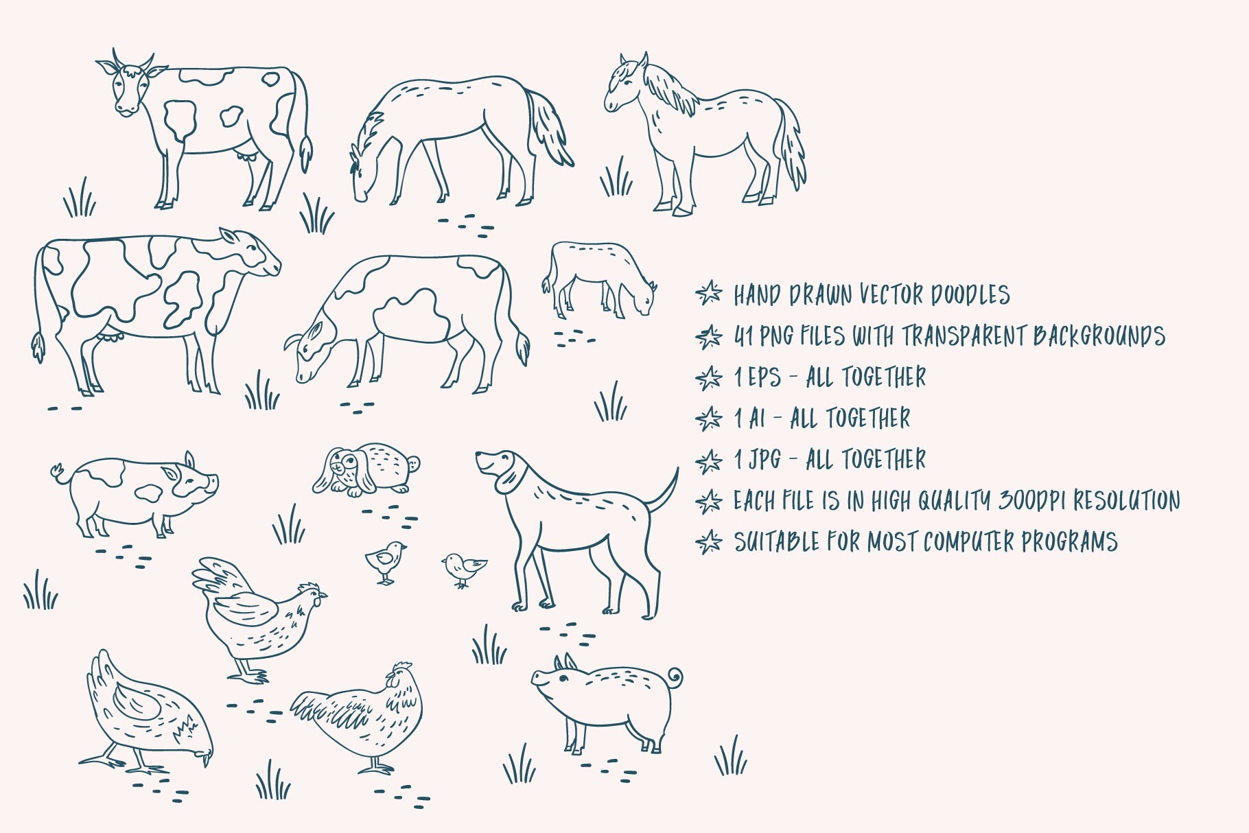 ANIMAL Doodle Vector Icons Doodle Farm Animals Icons Clipart Hand Drawn ...