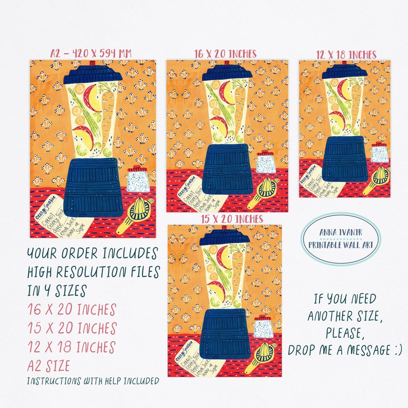 DIGITAL Orange Smoothie Art Print, Smoothie Illustrated Recipe Wall Art ...