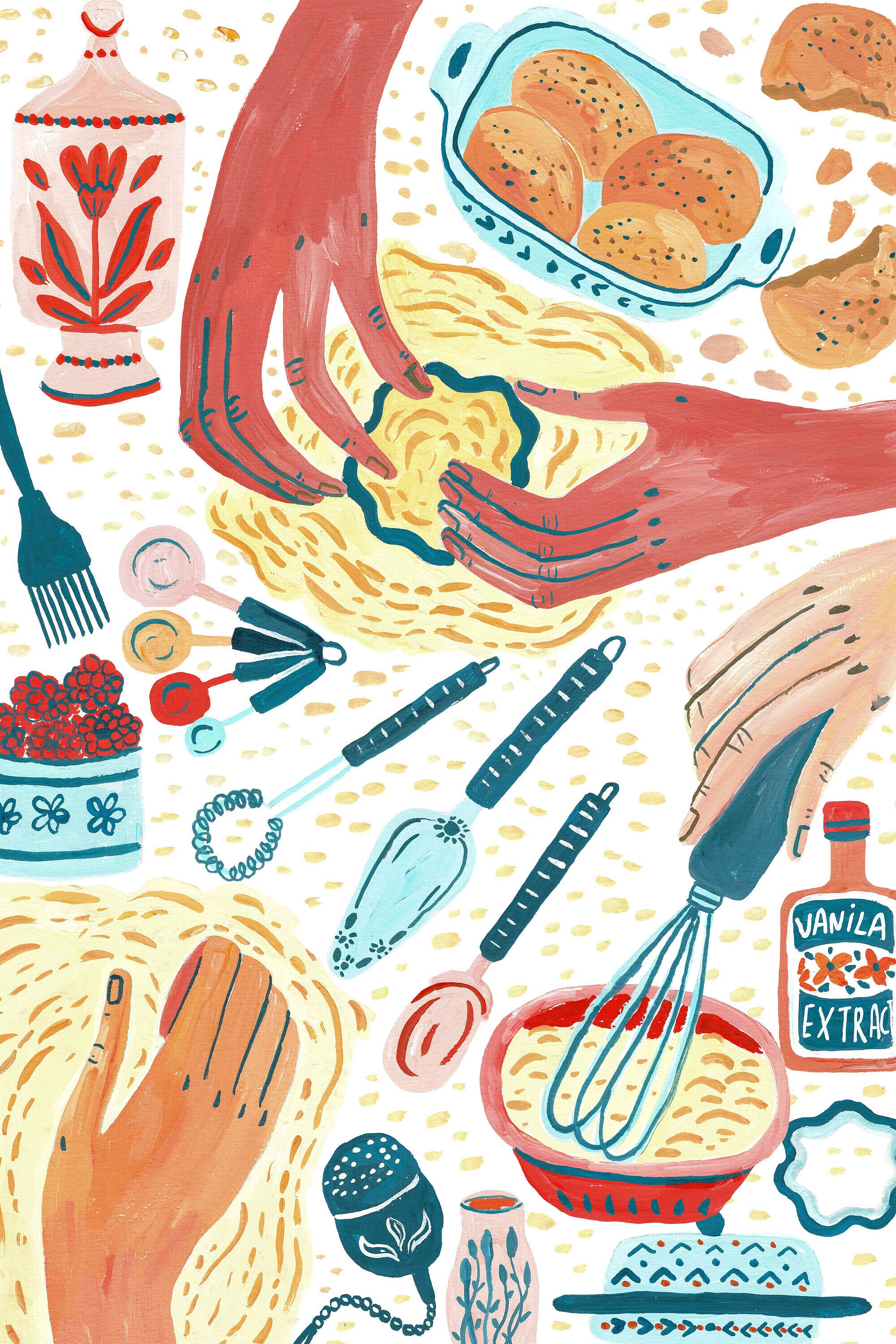 Baking Hands Art Print, Printable Kitchen Wall Decor, Gouache ...