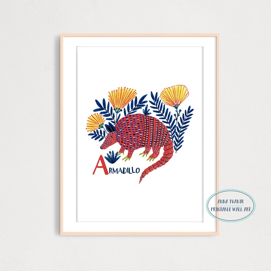 Happy Animal Armadillo Art Print, Alphabet A Letter Kids Room Art Decor ...