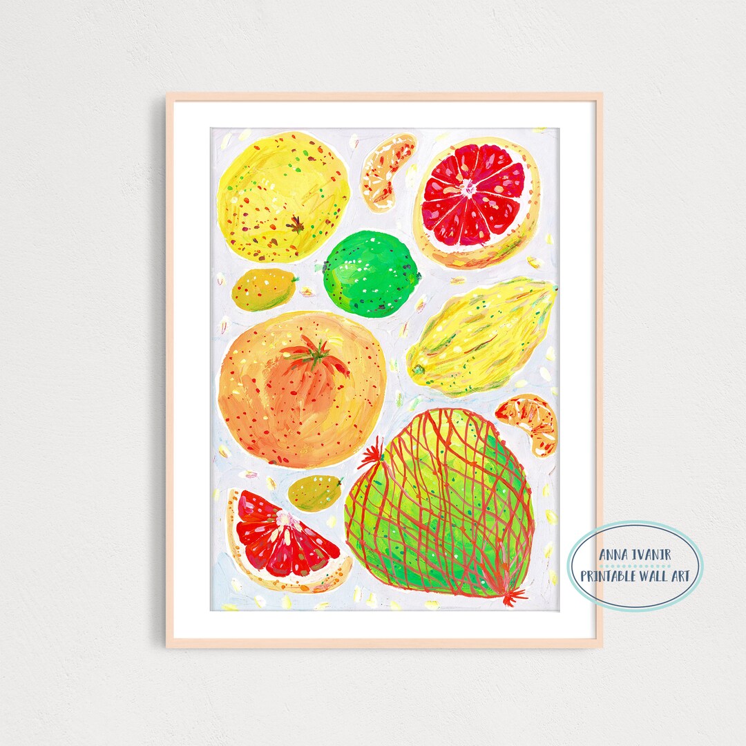 Citrus Fruits Art Print, Kitchen Poster, Gouache Illustration ...