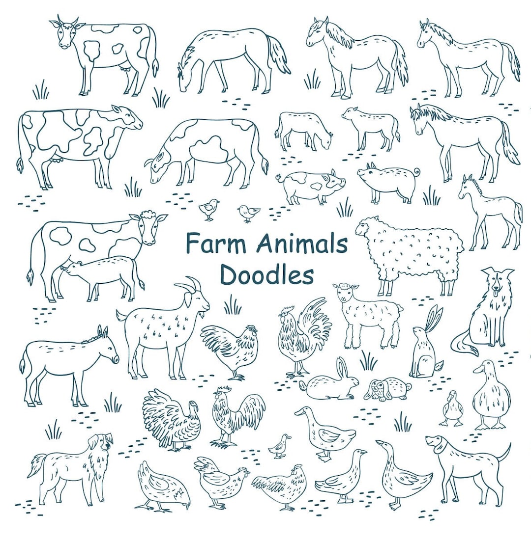 ANIMAL Doodle Vector Icons - Doodle Farm Animals Icons Clipart - Hand ...
