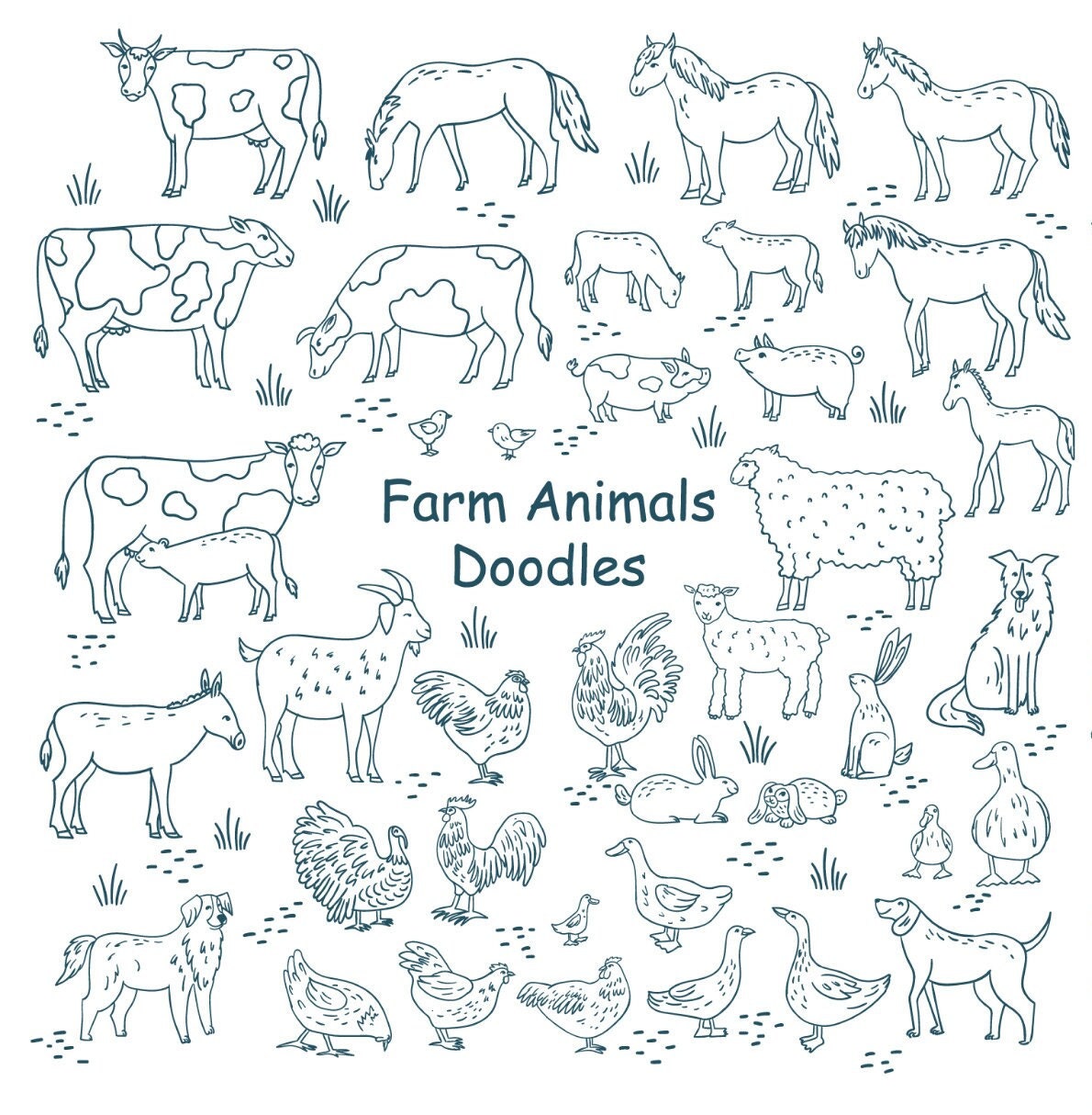 ANIMAL Doodle Vector Icons Doodle Farm Animals Icons Clipart Hand Drawn ...