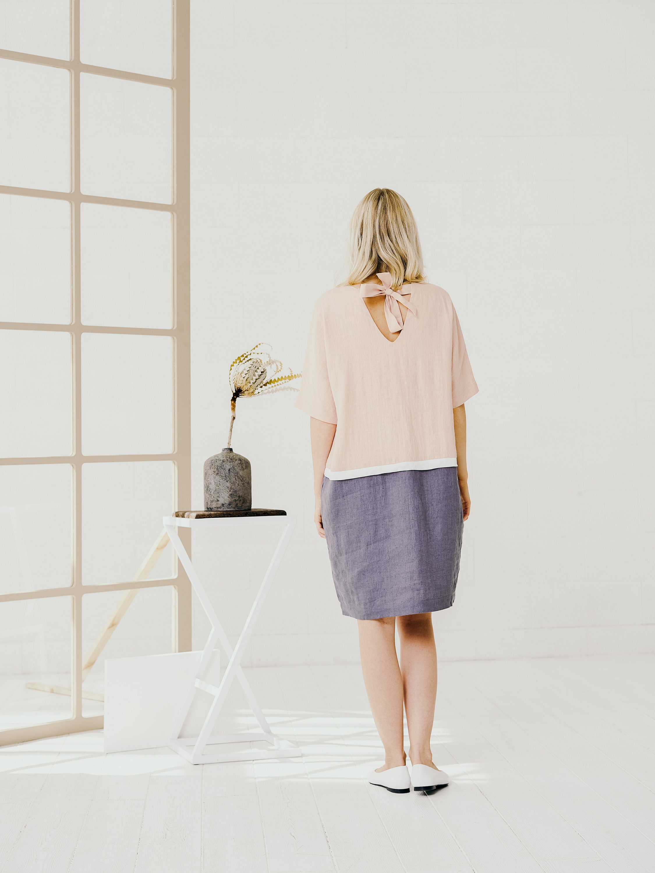 Linen Bubble Half Sleeve Dress Loose Summer Linen Midi Dress | Etsy