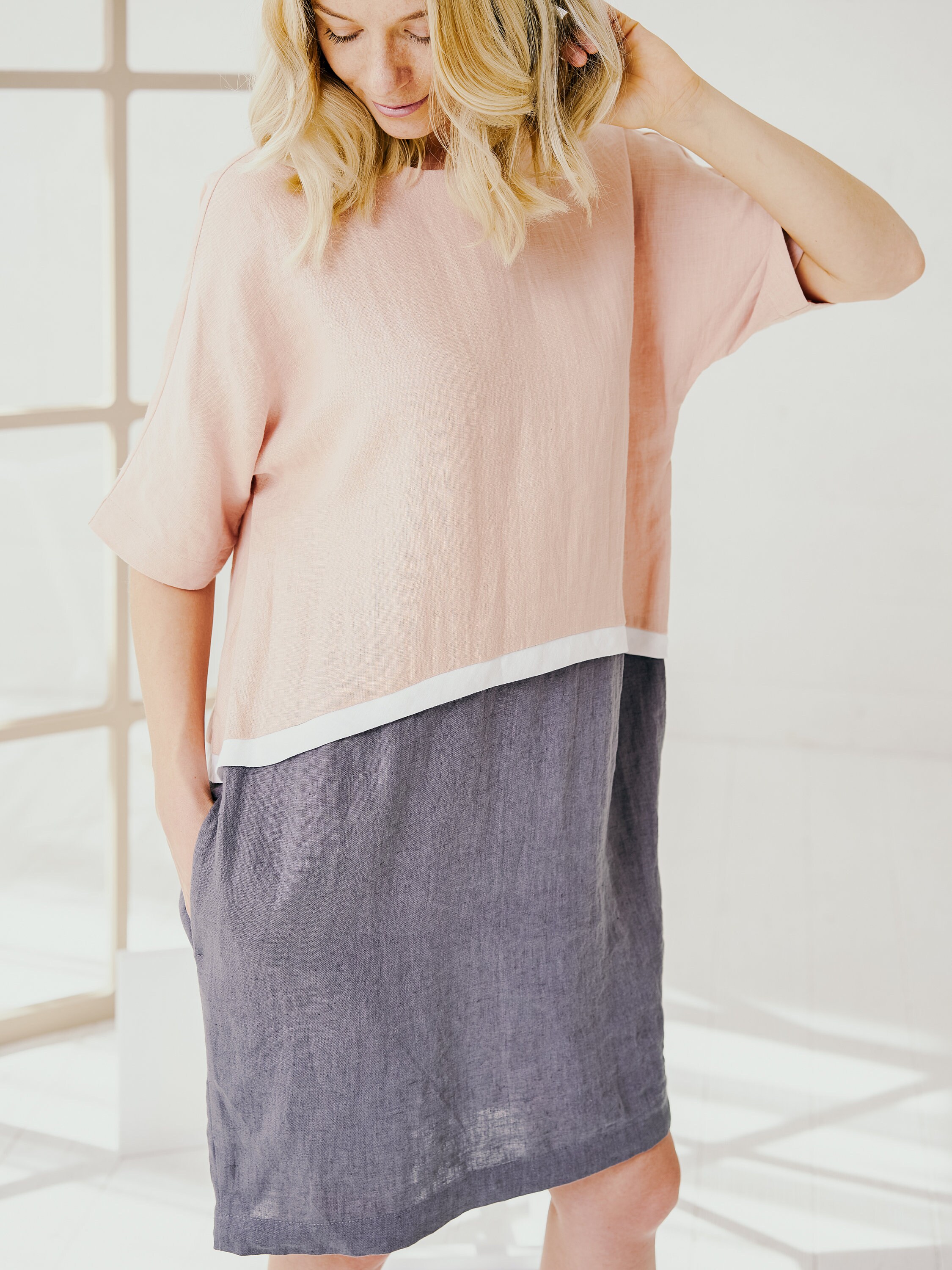 Linen Bubble Half Sleeve Dress Loose Summer Linen Midi Dress | Etsy