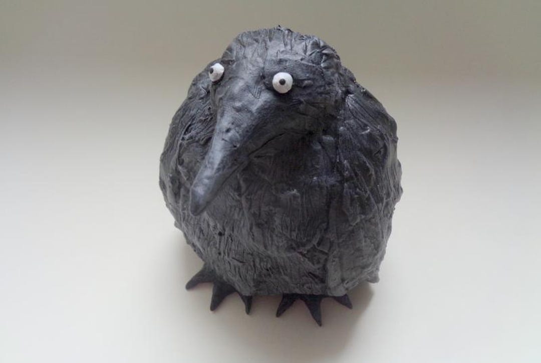 Old Fat Crow Sculpture - Handmade Bird Figurine, Raven, Folk Art Funny ...