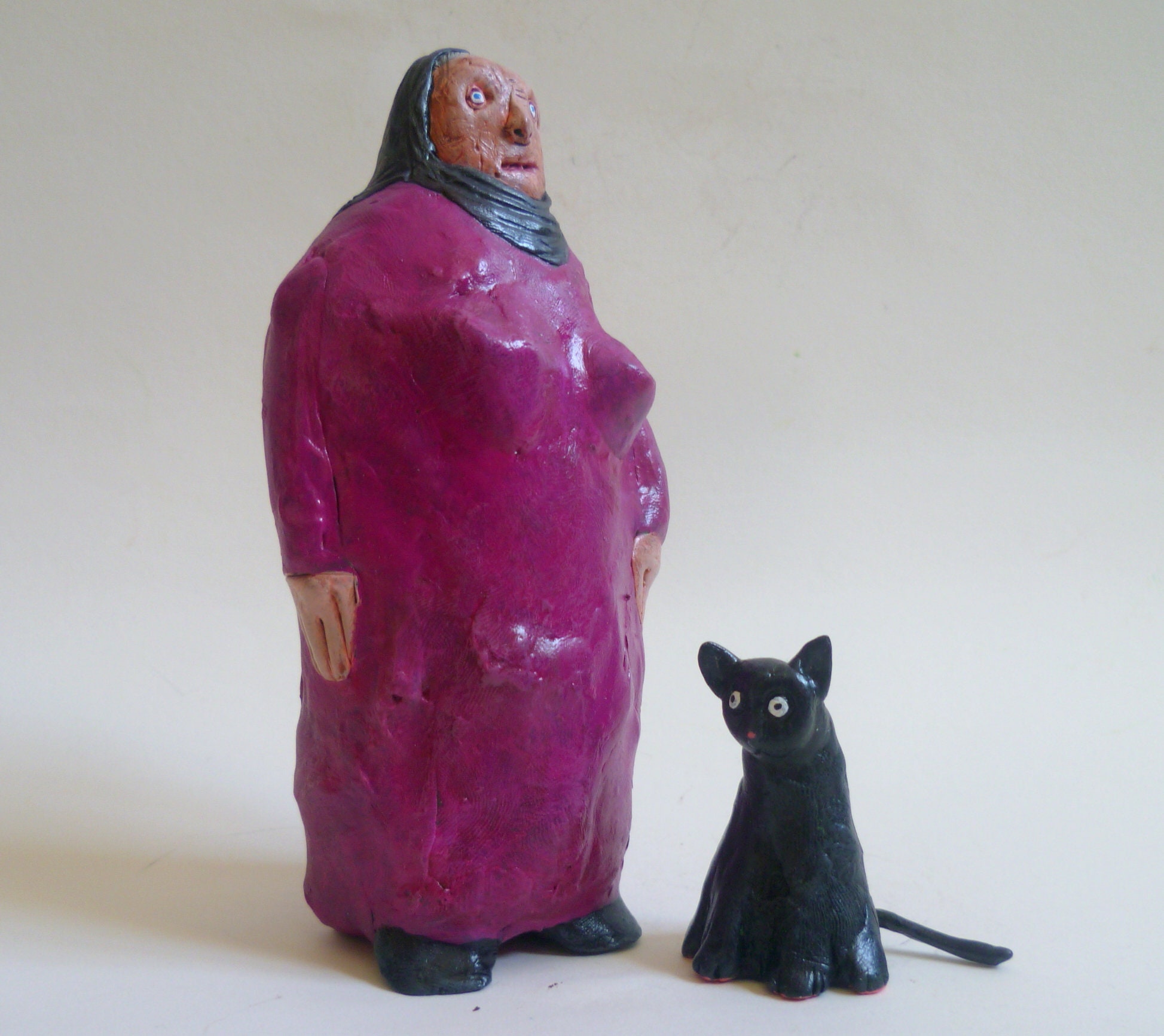 Woman and Cat Sculpture Old Lady Figurine Folk Art - Etsy