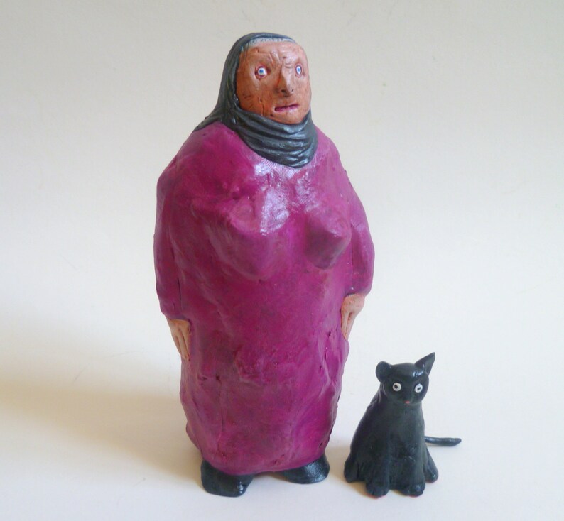 Woman and Cat Sculpture Old Lady Figurine Folk Art - Etsy