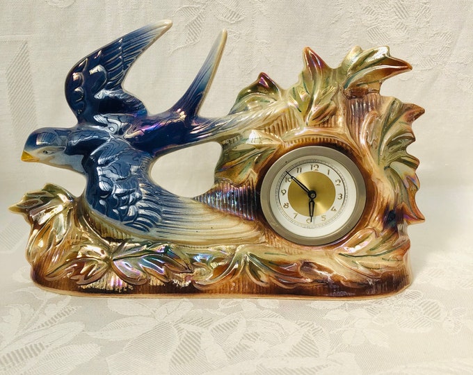 Midcentury Jema Holland Ceramic Lustre Blue Bird Mantle Clock No 409 ...