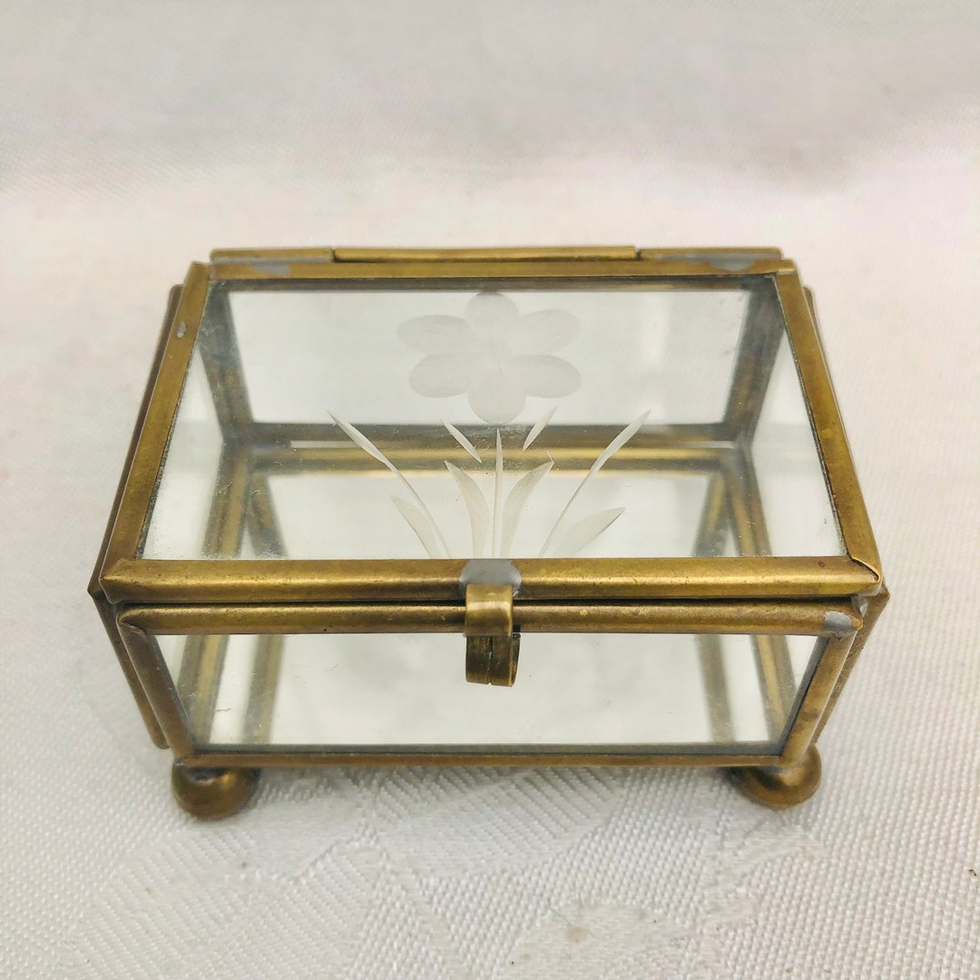 Vintage Brass & Etched Glass Trinket Box, Jewellery Box With Balled ...