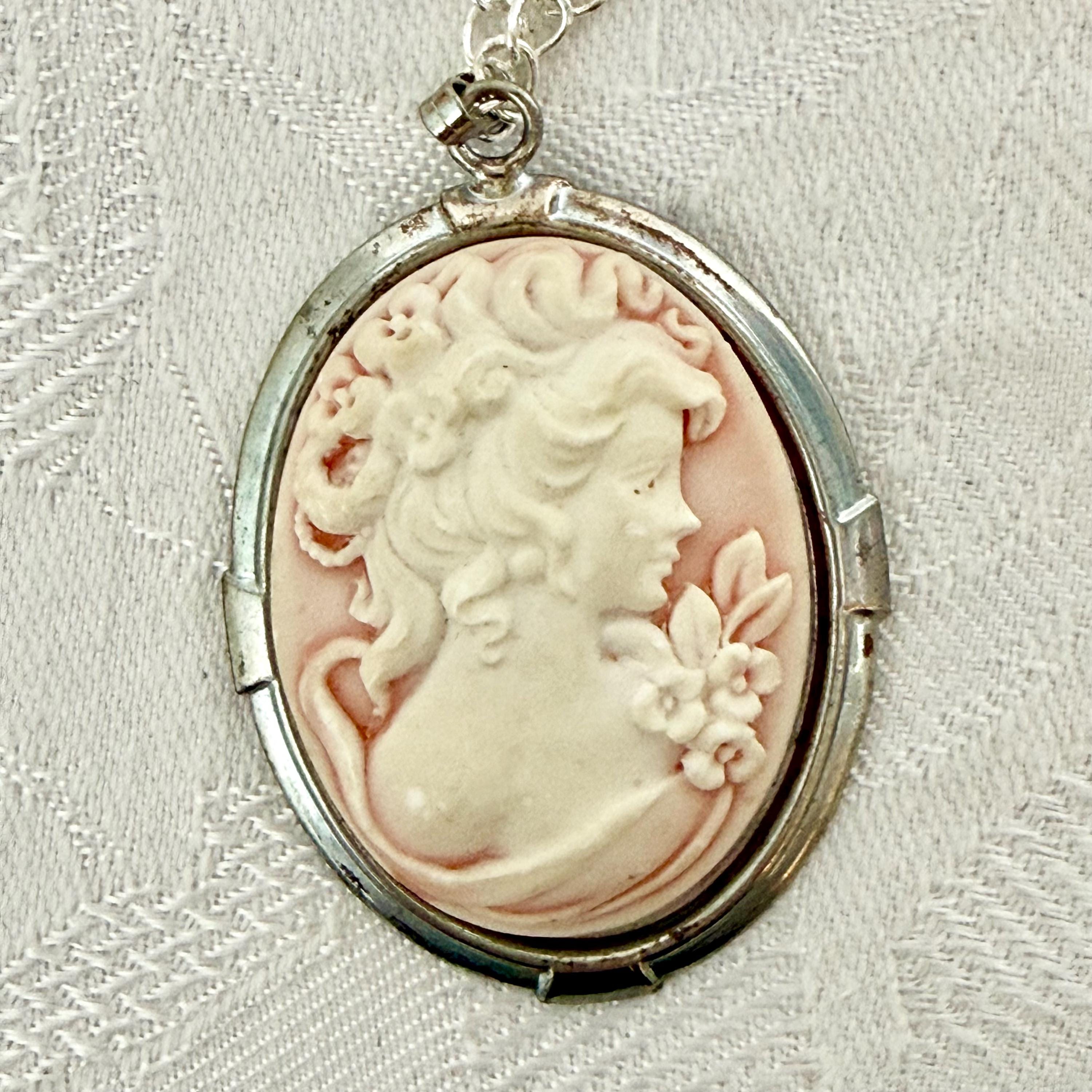 Vintage Cameo Pendant Necklace, Large Faux Pale Pink, Angel Skin Coral ...
