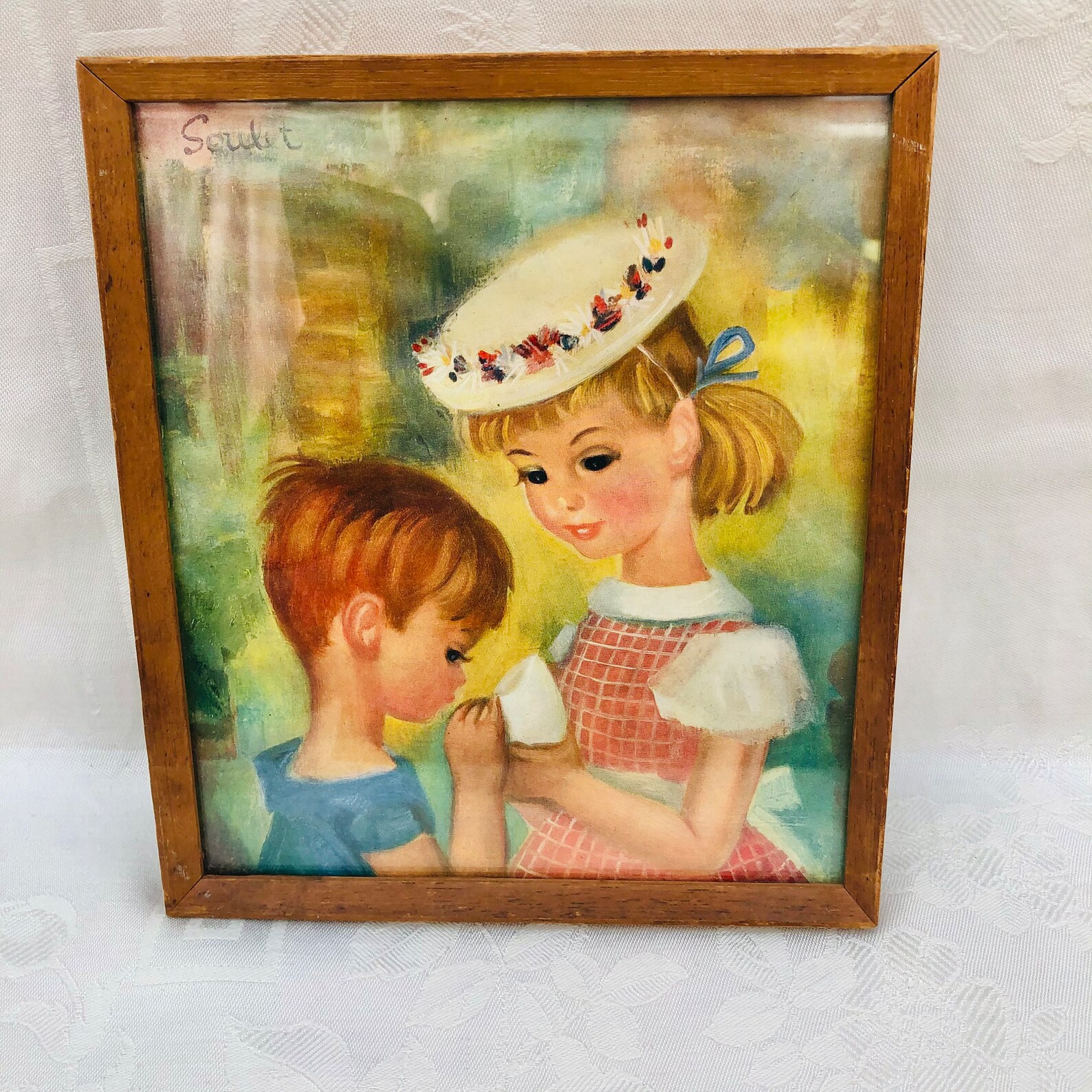 1960s Vintage Big Eyed Art by Francoise Soulet, Original Wooden Framed ...