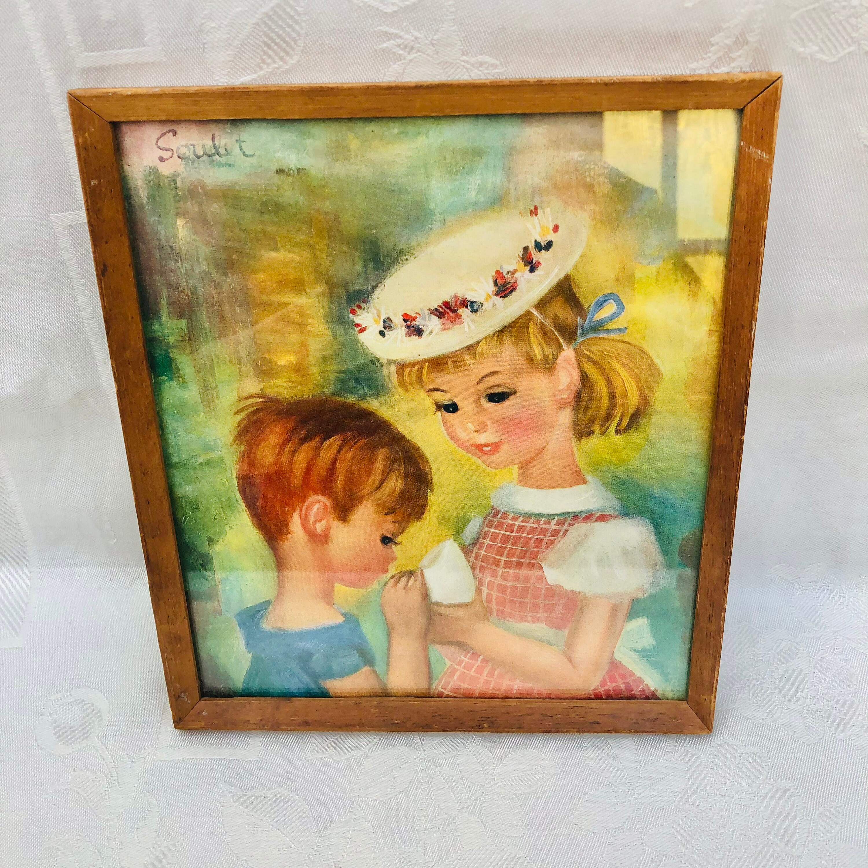 1960s Vintage Big Eyed Art by Francoise Soulet, Original Wooden Framed ...