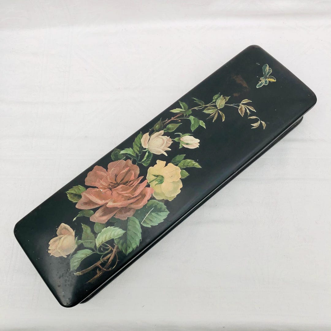 Antique Victorian, Hand Painted Papier-mâché, Glove Box, Black Lacquer ...