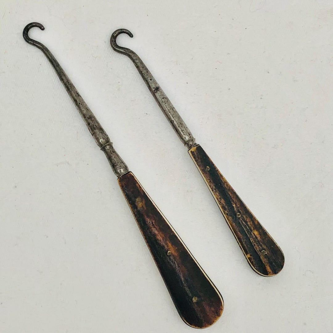 A Pair of Antique Victorian Boot Button Hooks With Natural Bone Handles ...