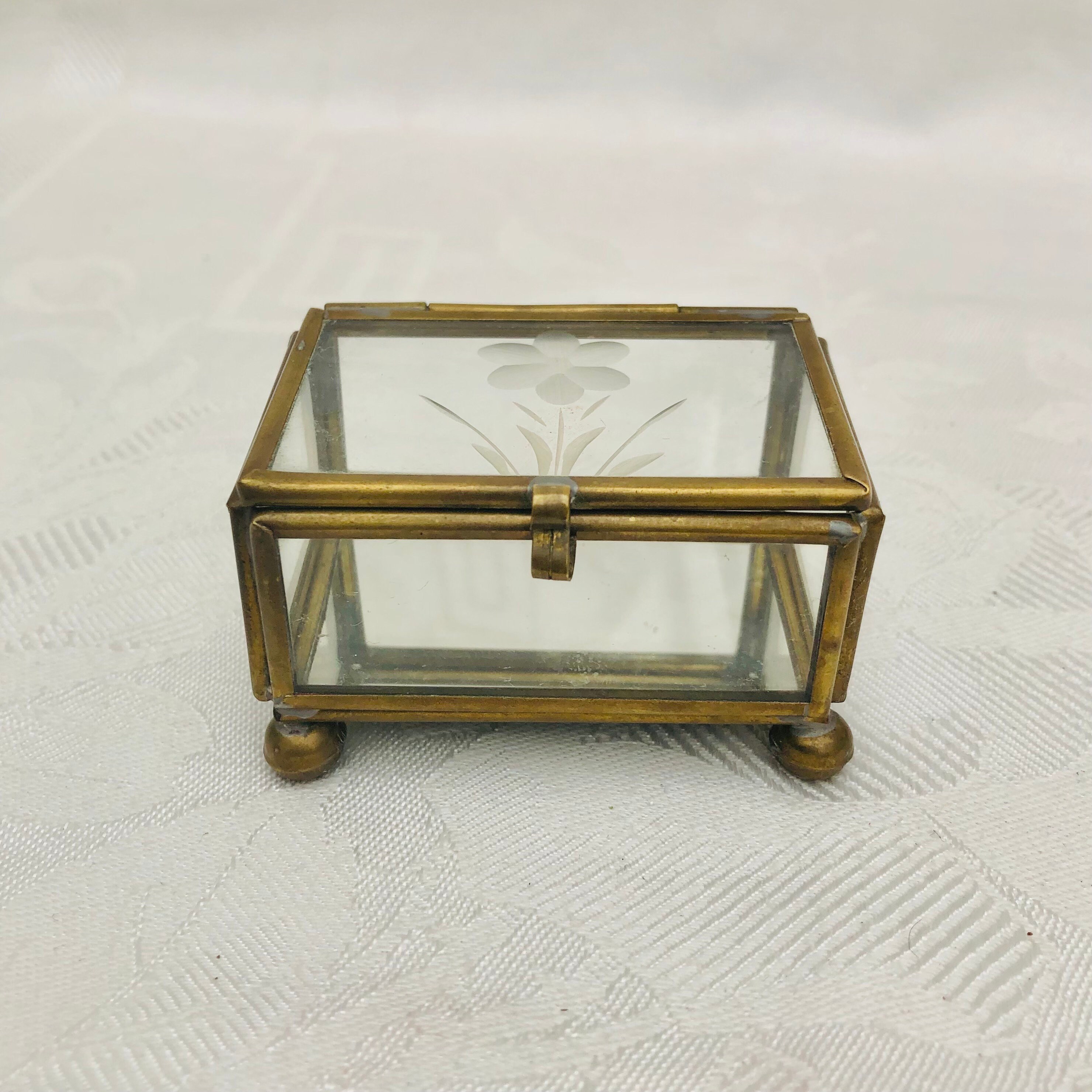Vintage Brass & Etched Glass Trinket Box, Jewellery Box With Balled ...
