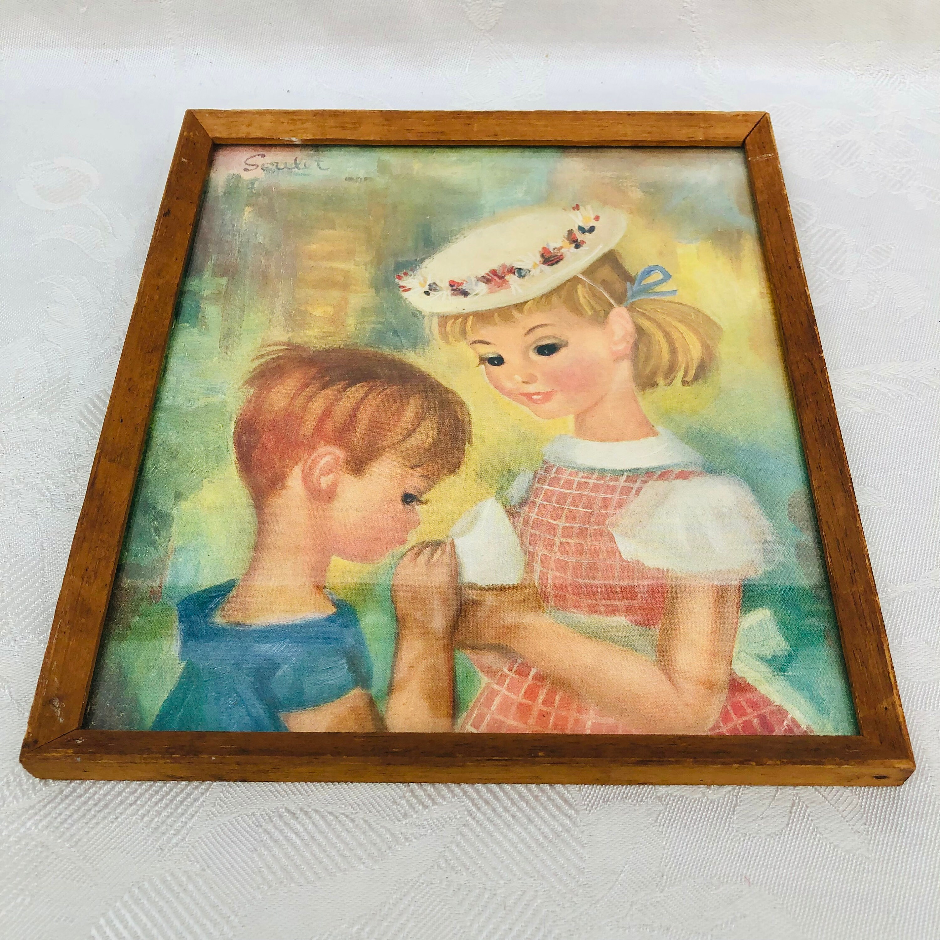 1960s Vintage Big Eyed Art by Francoise Soulet, Original Wooden Framed ...