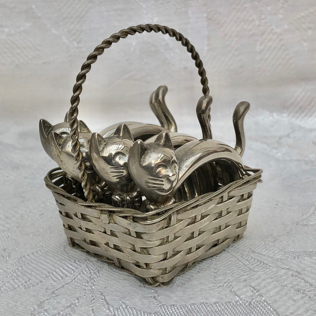Set of 4 Novelty French Napkin Rings, Chrome Cats in A Basket, Vintage ...