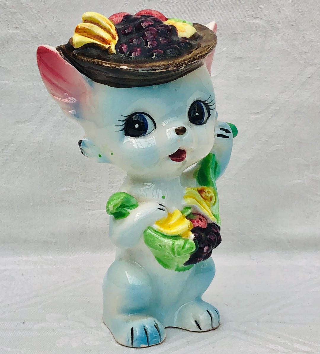 Midcentury Kitsch Blue Cat Figurine With Fruit, Hand Painted Japan. - Etsy