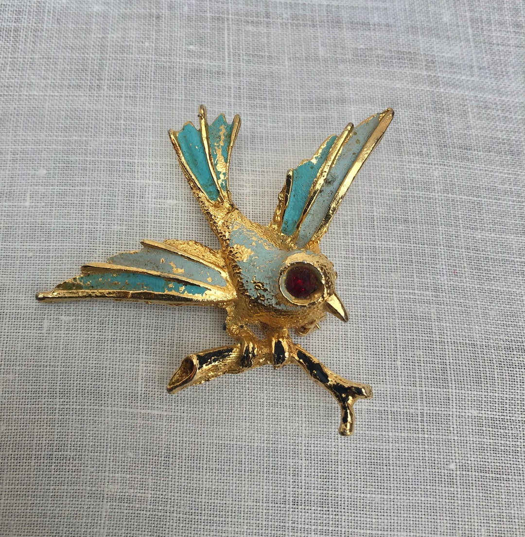Midcentury Blue Bird Brooch With Rhinestone Eyes - Etsy