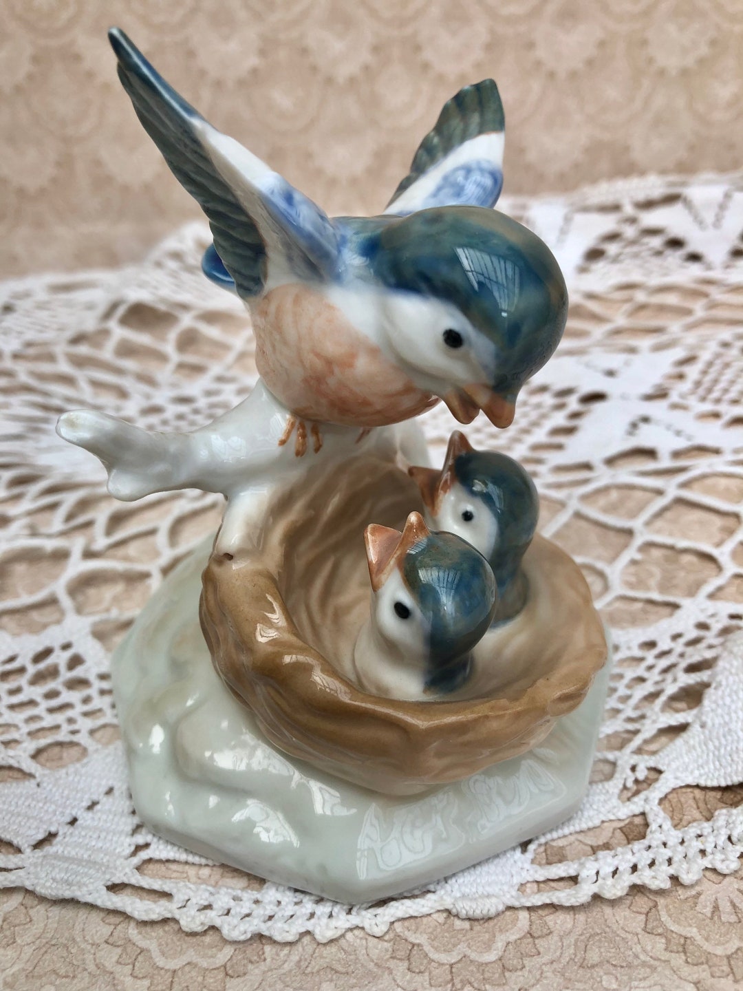 Vintage Blue Bird & Nesting Chicks Ceramic Glazed Figurine - Etsy