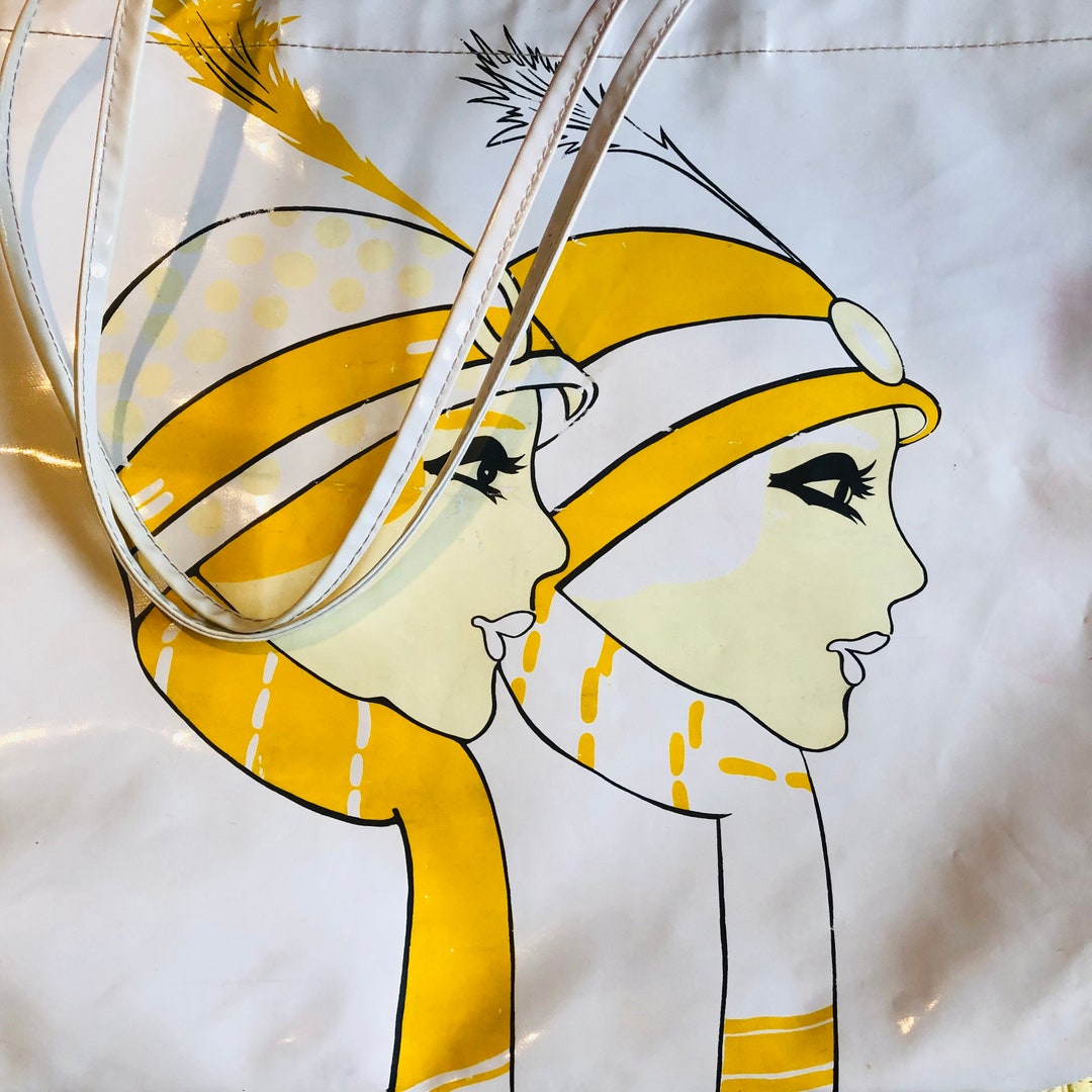 1960s Retro Vintage Vinyl Tote With Zip, White Vinyl, Yellow Black Deco ...
