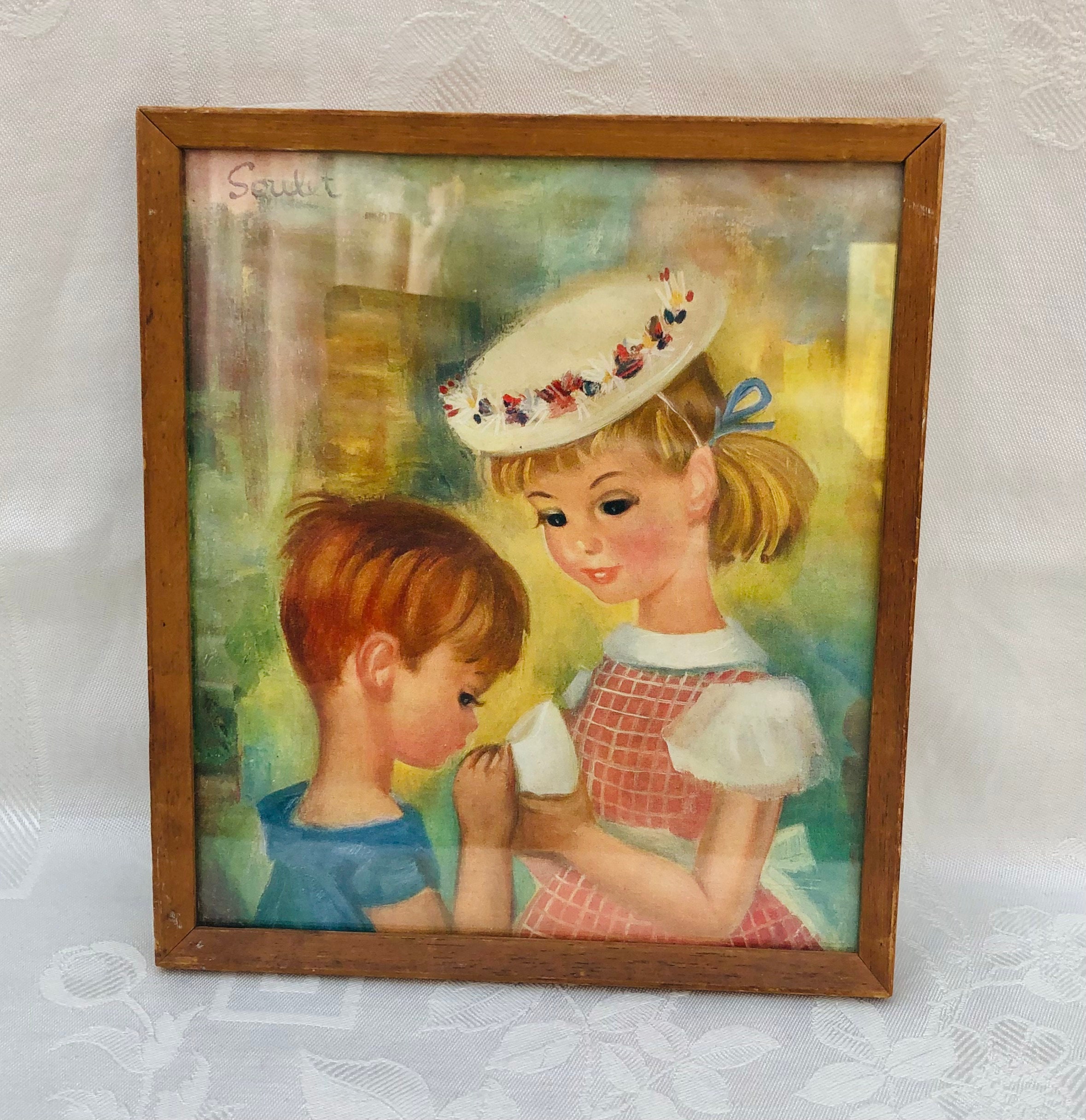 1960s Vintage Big Eyed Art by Francoise Soulet, Original Wooden Framed ...
