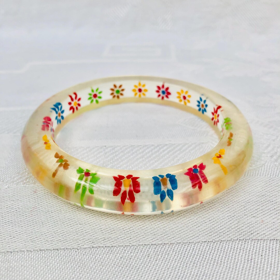 Retro 1960s Clear Lucite Bangle, Inset With Colourful Floating Paper ...