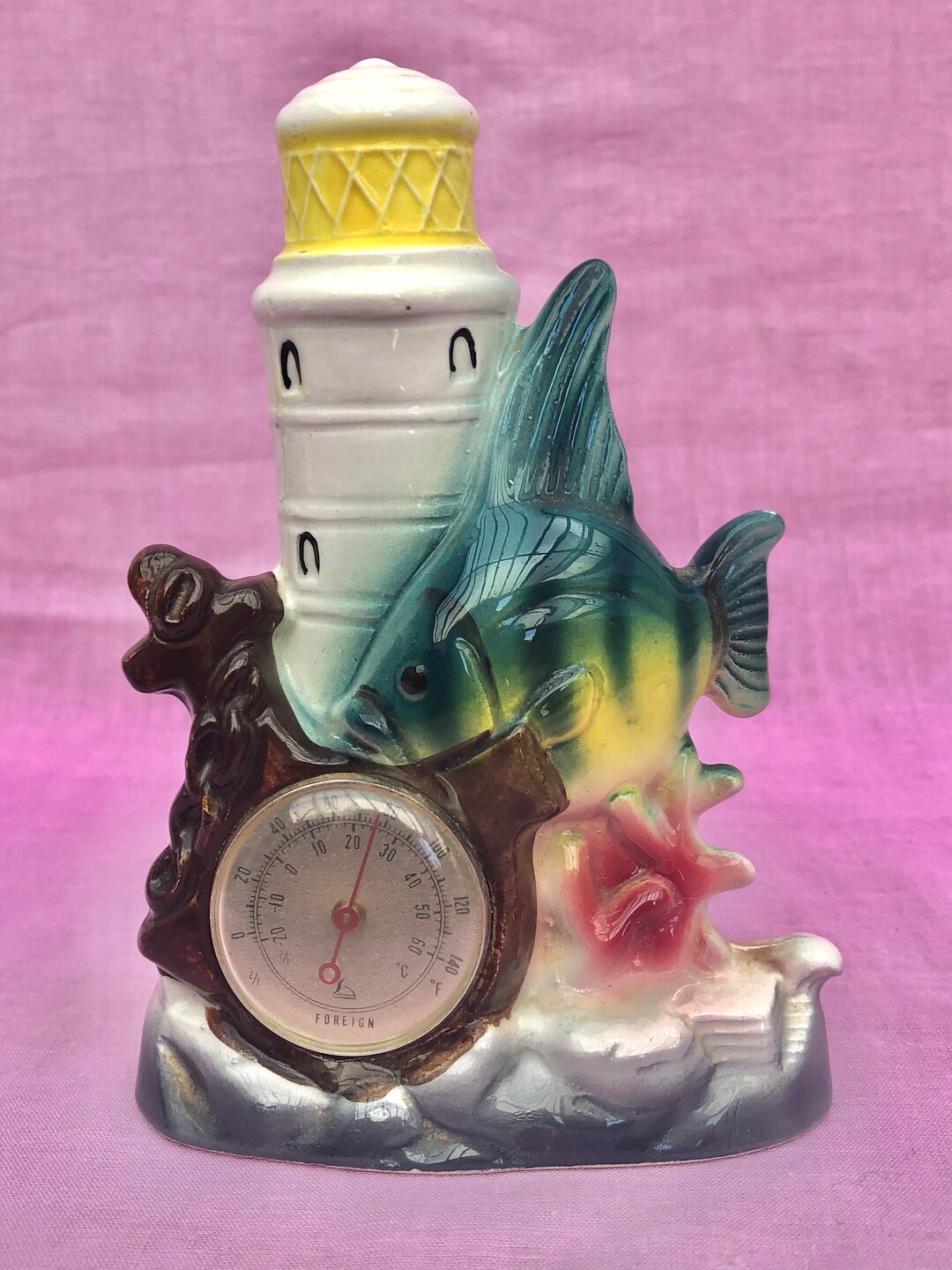 Midcentury Kitsch Chalk-ware Fish With A Barometer, A Lighthouse ...