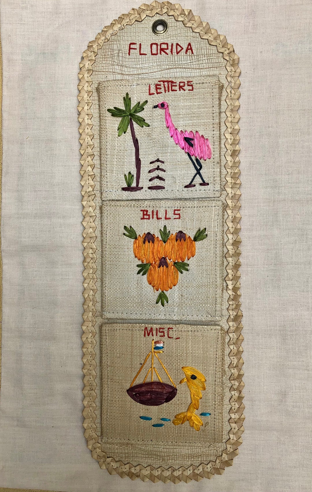 Vintage Kitsch Rattan Embroidered Wall Hanging, Flamingo, Oranges ...