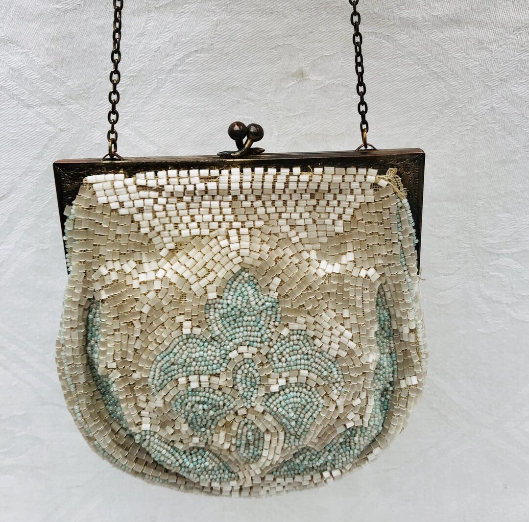 1920s Antique Micro Beaded Evening Purse, Handmade in France, Kiss ...