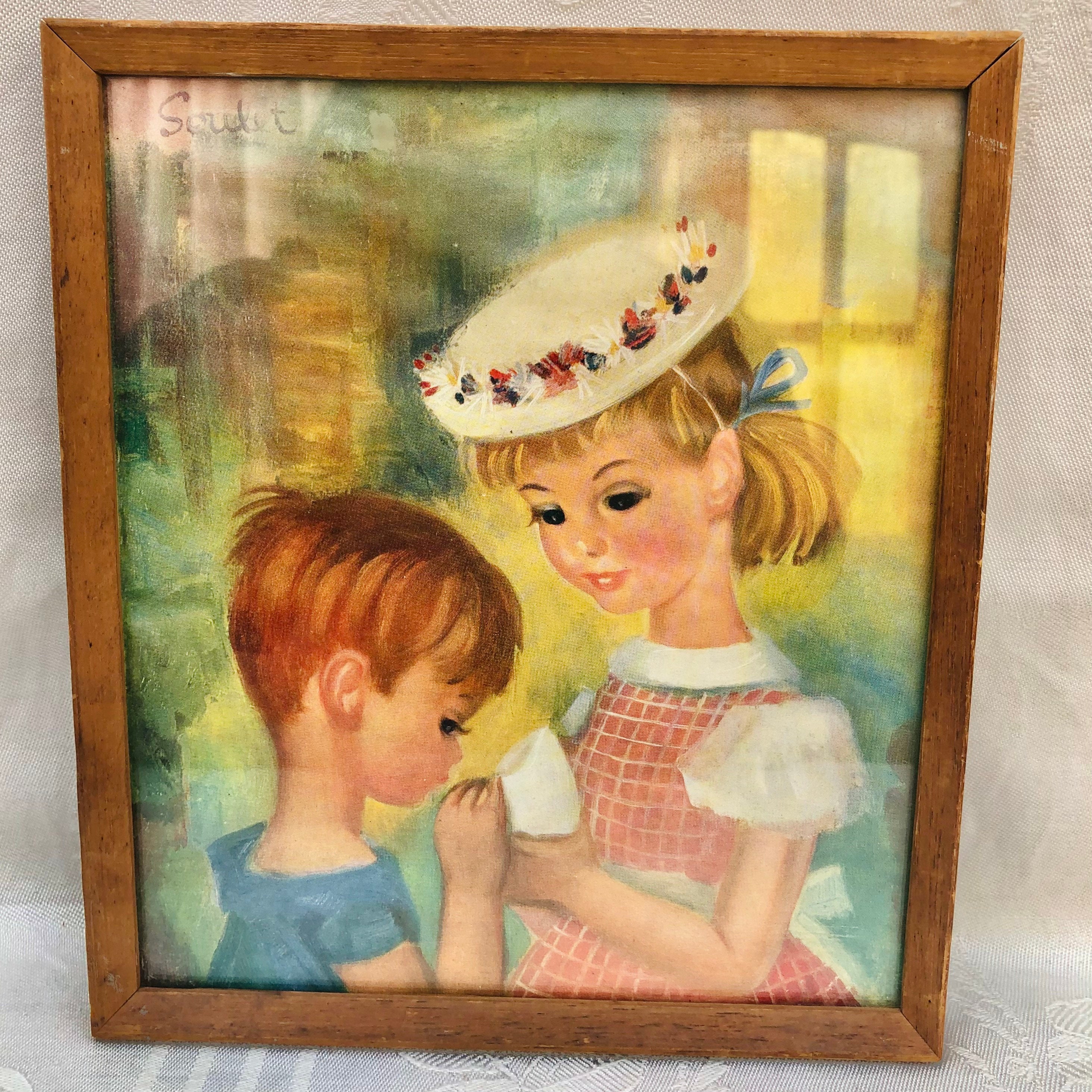 1960s Vintage Big Eyed Art by Francoise Soulet, Original Wooden Framed ...