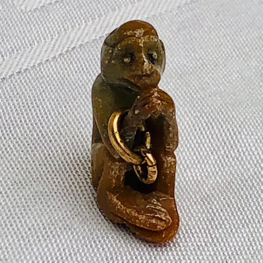 Vintage Carved Mutton Fat Nephrite Jade, Monkey Amulet Pendant With 2 ...