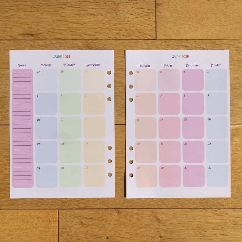 Pastel Rainbow 1 Month Calendar A5 Month on Two Pages PDF File - Etsy