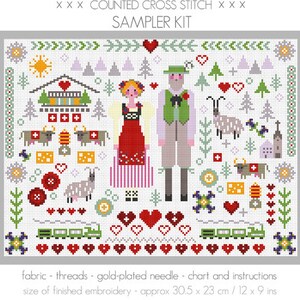 CROSS STITCH KIT Swiss Folkies Sampler by Riverdrift House | Etsy
