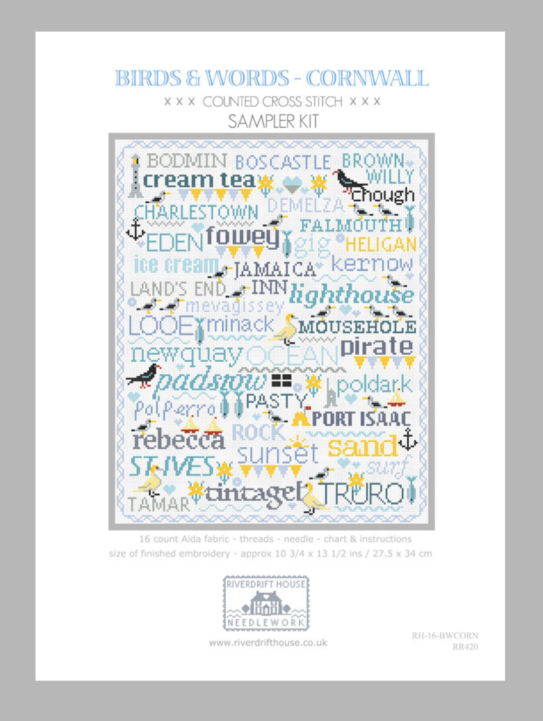 CROSS STITCH KIT Cornwall Birds & Words Sampler by Riverdrift House ...
