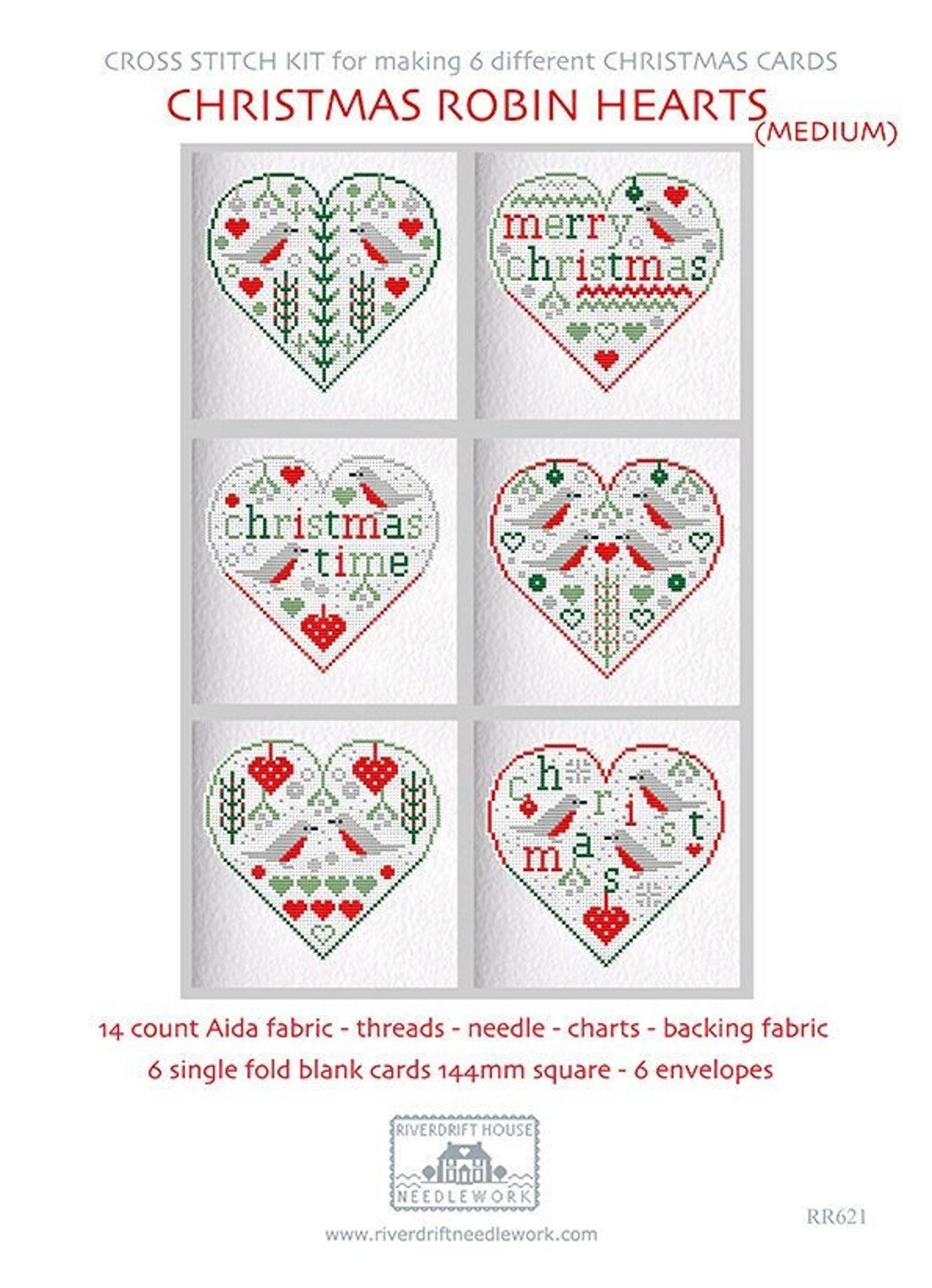 CROSS STITCH Cards KIT 6 Medium Christmas Robin Heart Cards to Stitch ...