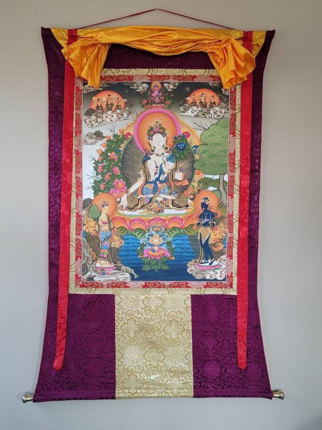 Hand Painted White Tara Dolma Nepal Tibetan Thangka Paubha With Brocade ...