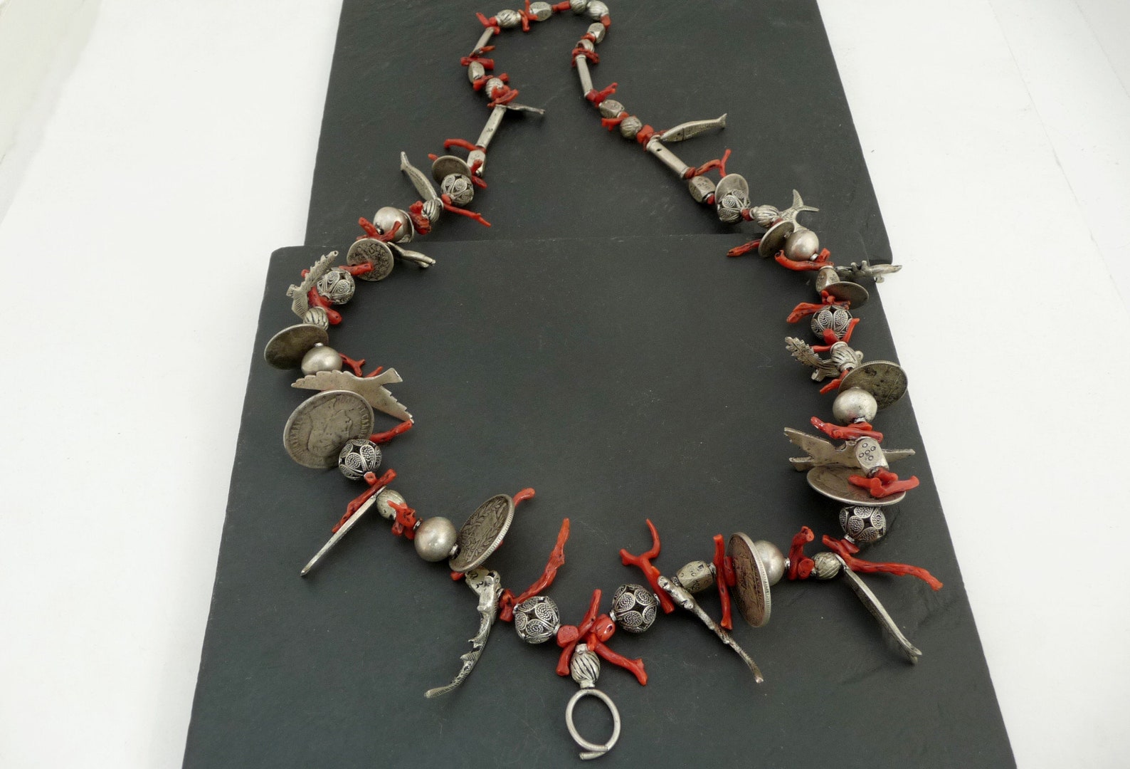 Antique Guatemala Coral Chachal Necklace: Silver Coins & Bird Pendants ...