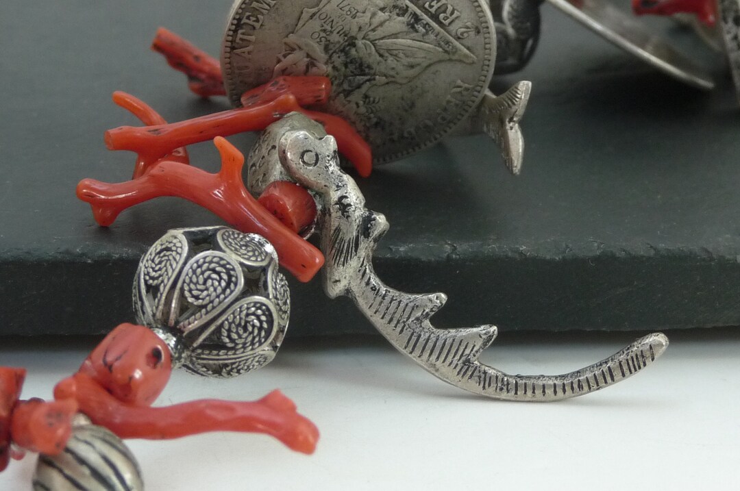 Antique Guatemala Coral Chachal Necklace: Silver Coins & Bird Pendants ...