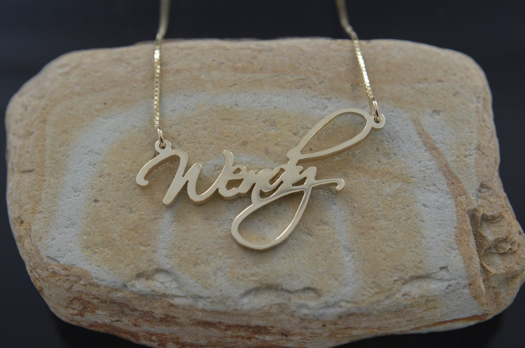 Personalized 14k Real Gold Script Name Custom Plate Necklace Handmade ...