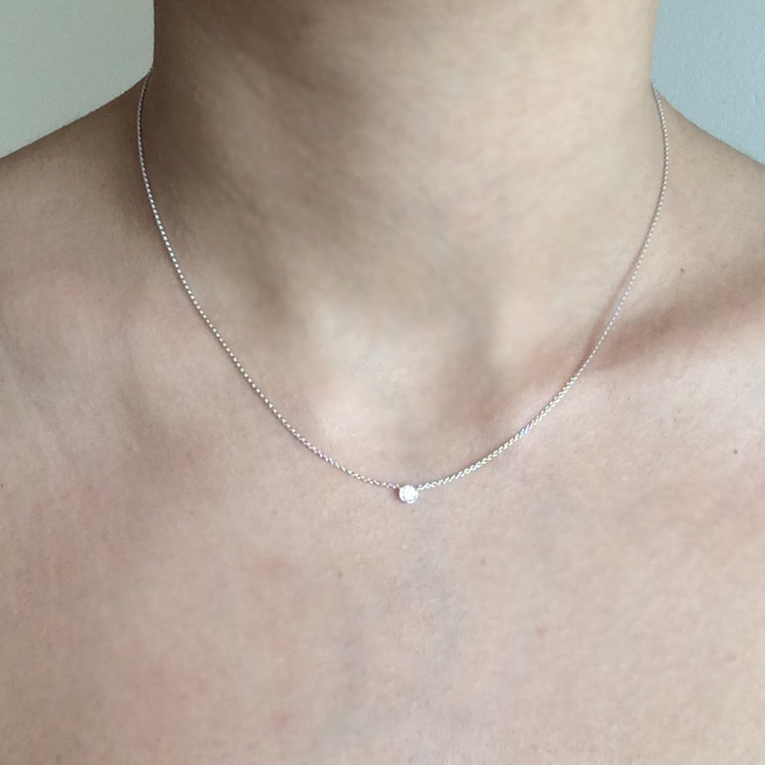 14k White Gold Diamond Necklace, 14K Solid Gold, Diamond Bezel Necklace ...