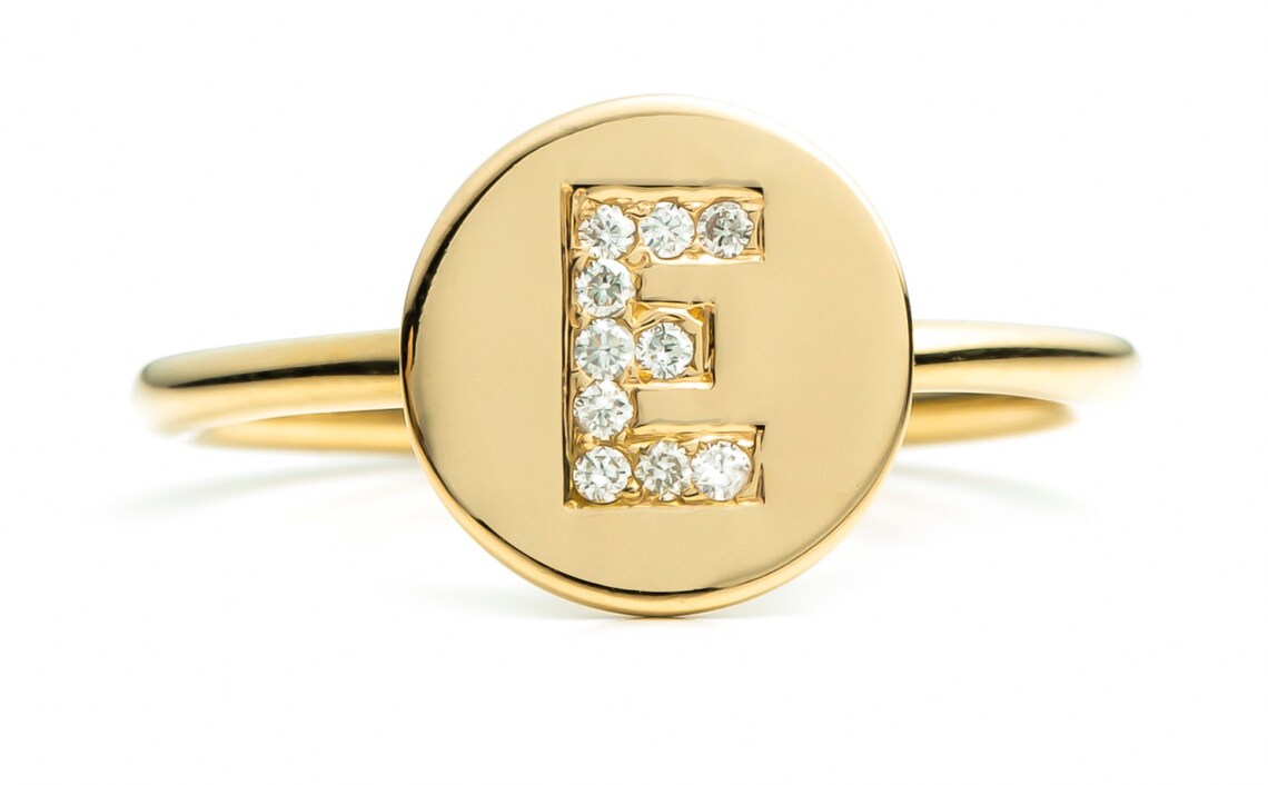 Diamond Initial Ring. 14K SOLID Gold. Initial Disc. - Etsy