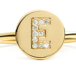 Diamond Initial Ring. 14K SOLID Gold. Initial Disc. Personalized. Letters A Z. Wedding Band ...