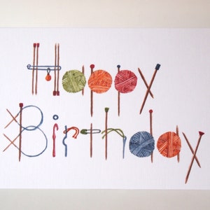 Knitting Birthday Greeting Card, Unique Hand Painted Watercolor Printed ...