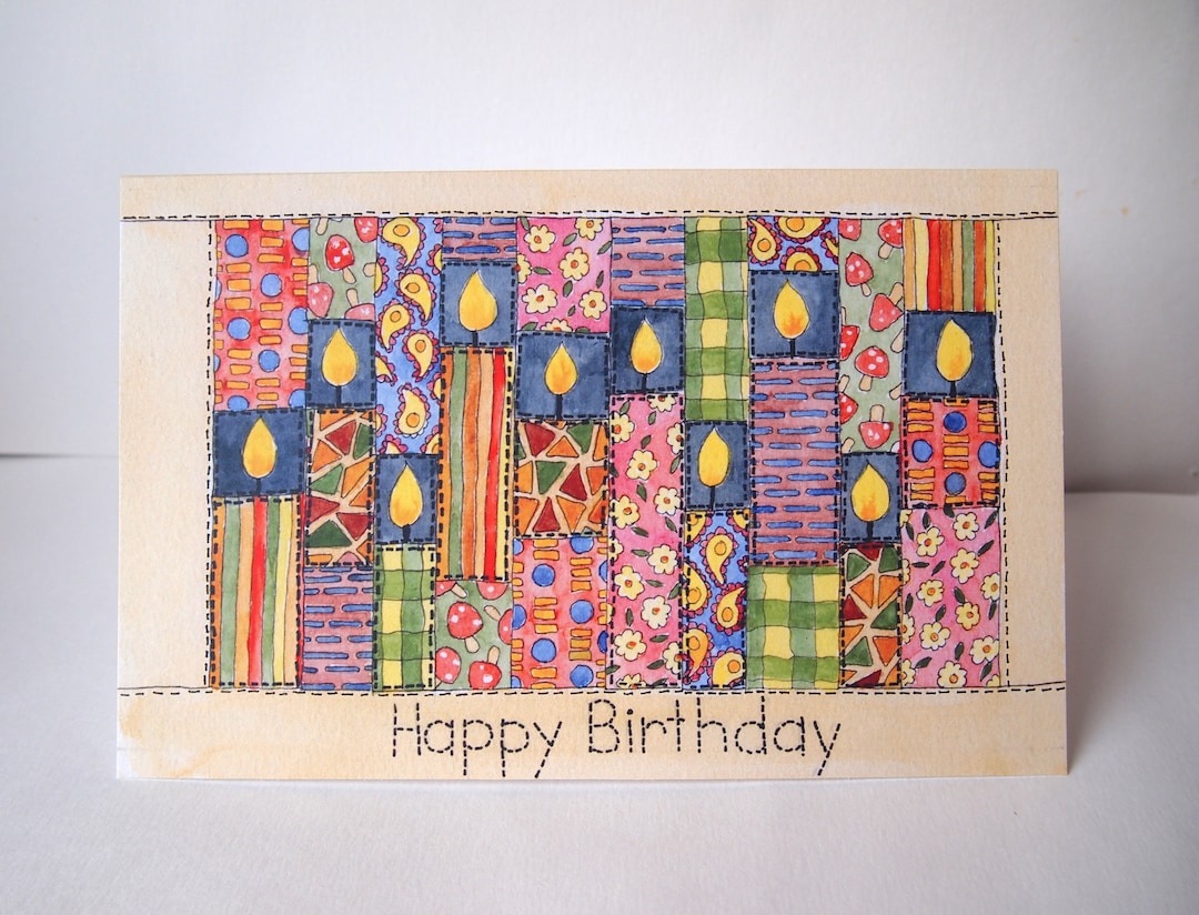 Unique Quilting Birthday Greeting Card, Hand Painted Watercolor Printed ...